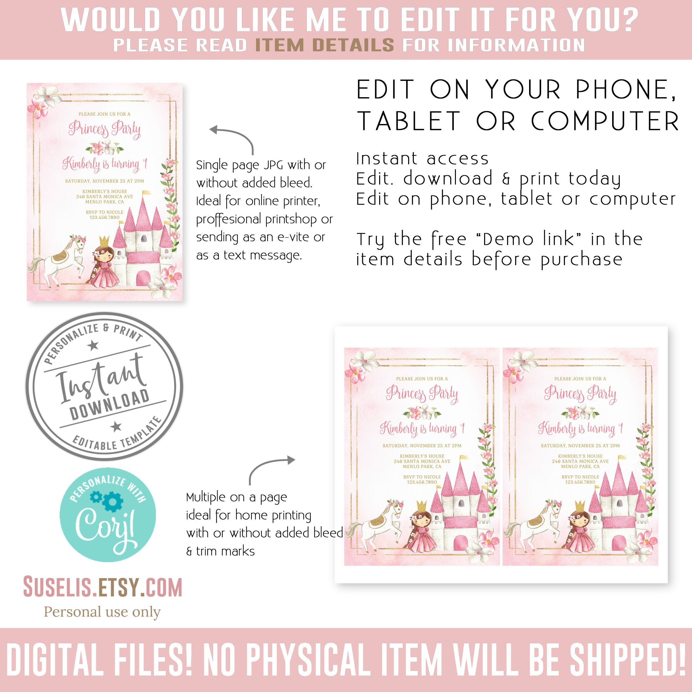 EDITABLE Princess Birthday Invitation Corjl Template Gold | Etsy
