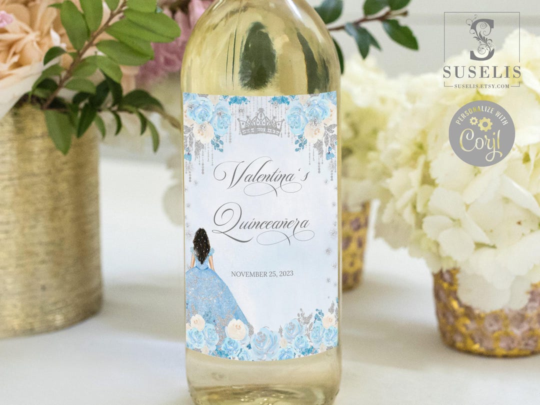 EDITABLE Quinceañera Wine Bottle Labels, Dusty Blue Flowers, Mis Quince ...
