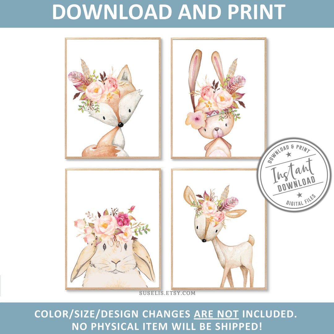 Printable Set of 4 Woodland Animals Prints, Nursery Decor, Girl Forest ...