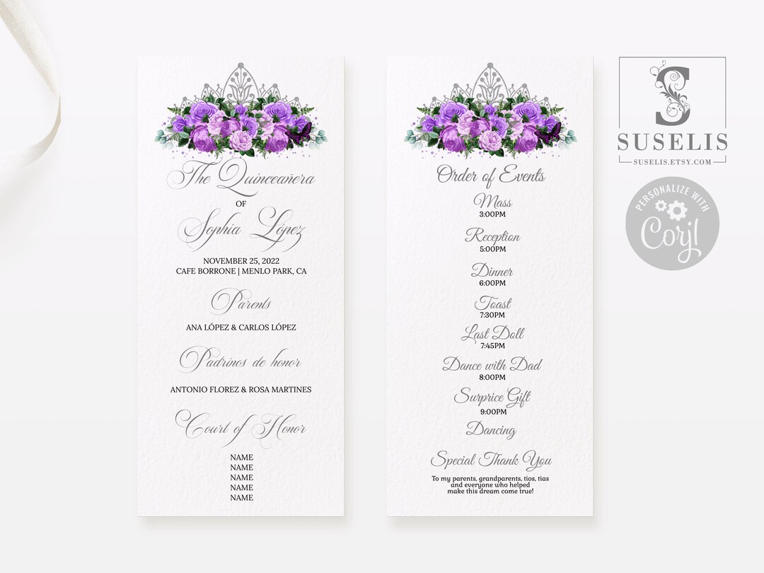 EDITABLE Program Template, Purple Flowers, Quinceañera, 15th Birthday ...