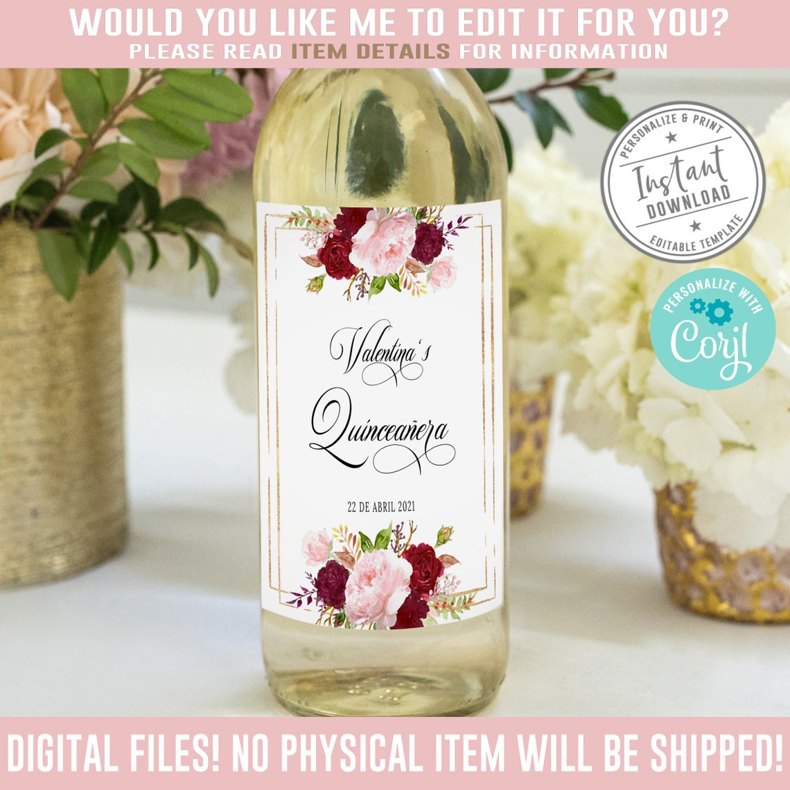 EDITABLE Quinceañera Wine Bottle Labels Corjl Template Pink - Etsy
