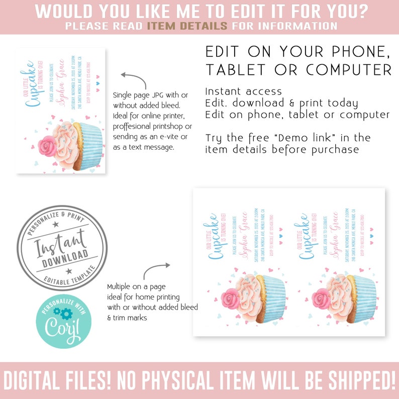 Editable Our Little Cupcake Birthday Invitation Corjl | Etsy