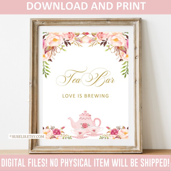 Printable Tea Party Tea Bar Sign Blush Pink Boho Watercolor | Etsy