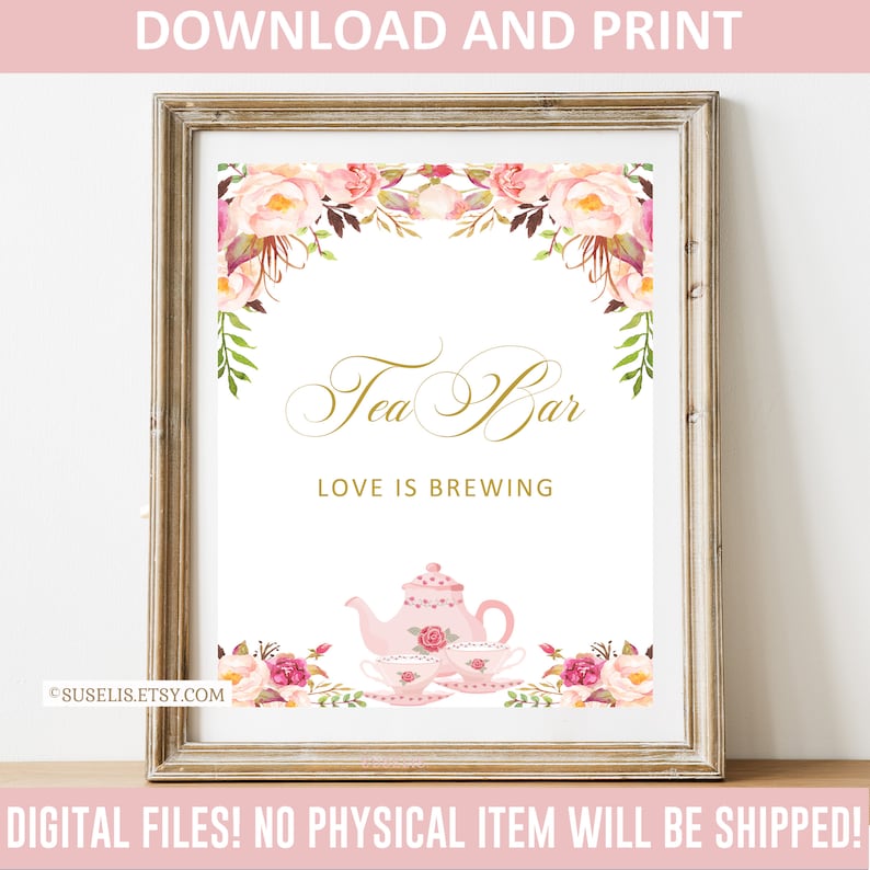 Printable Tea Party Tea Bar Sign Blush Pink Boho Watercolor - Etsy