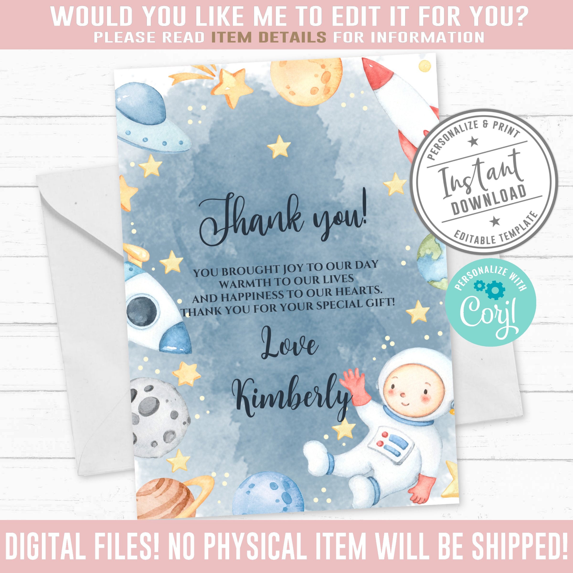 Editable Space Thank you Card Corjl Template Astronaut | Etsy