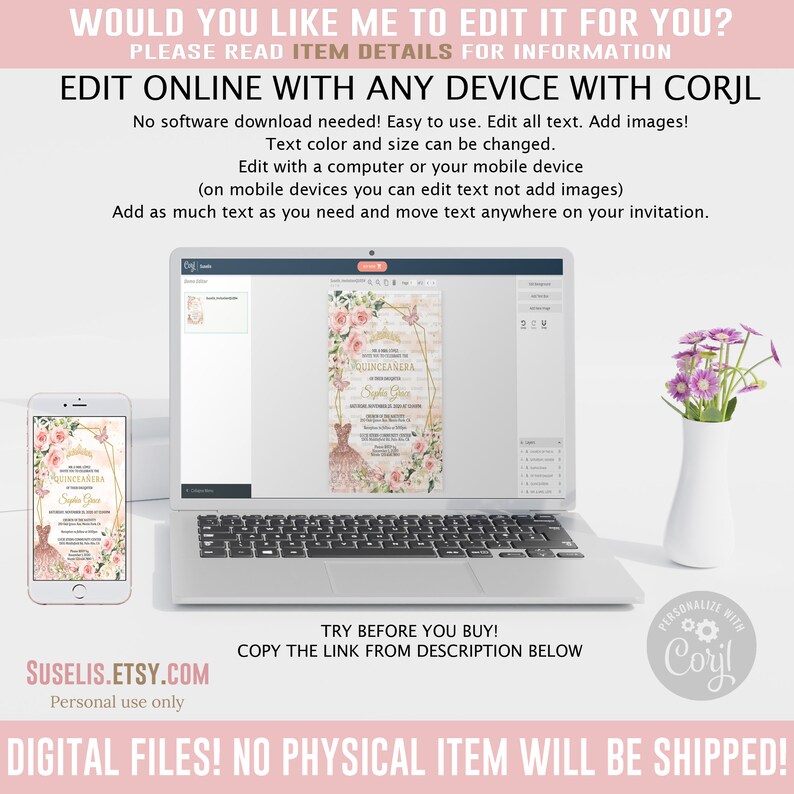 EDITABLE Quinceanera Invitation Back Corjl Template Baby - Etsy
