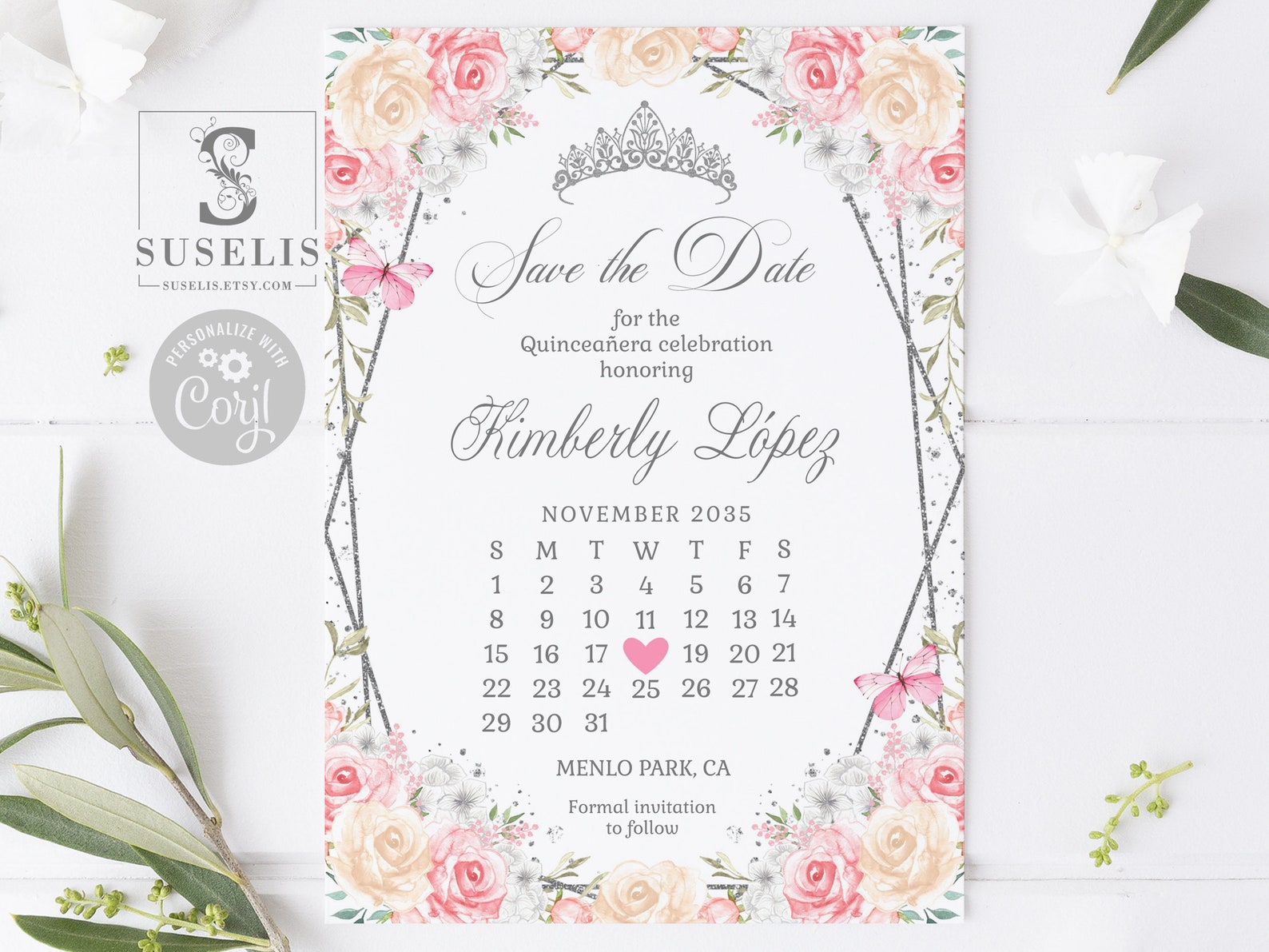 Editable Save the Date Card Template, Quinceañera, Calendar, Blush ...