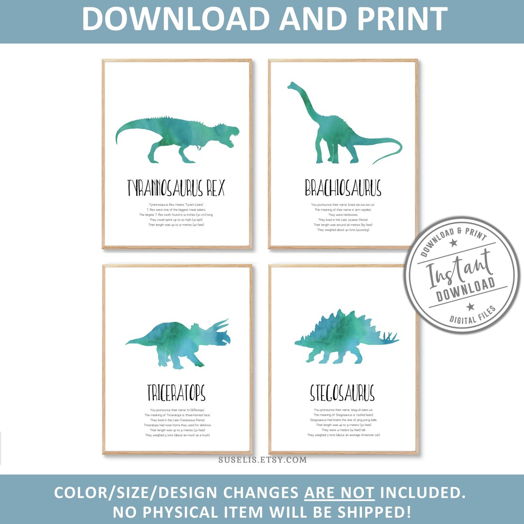 Dinosaurs Facts Art Print, Printable Set of 4, Dinosaur Poster ...