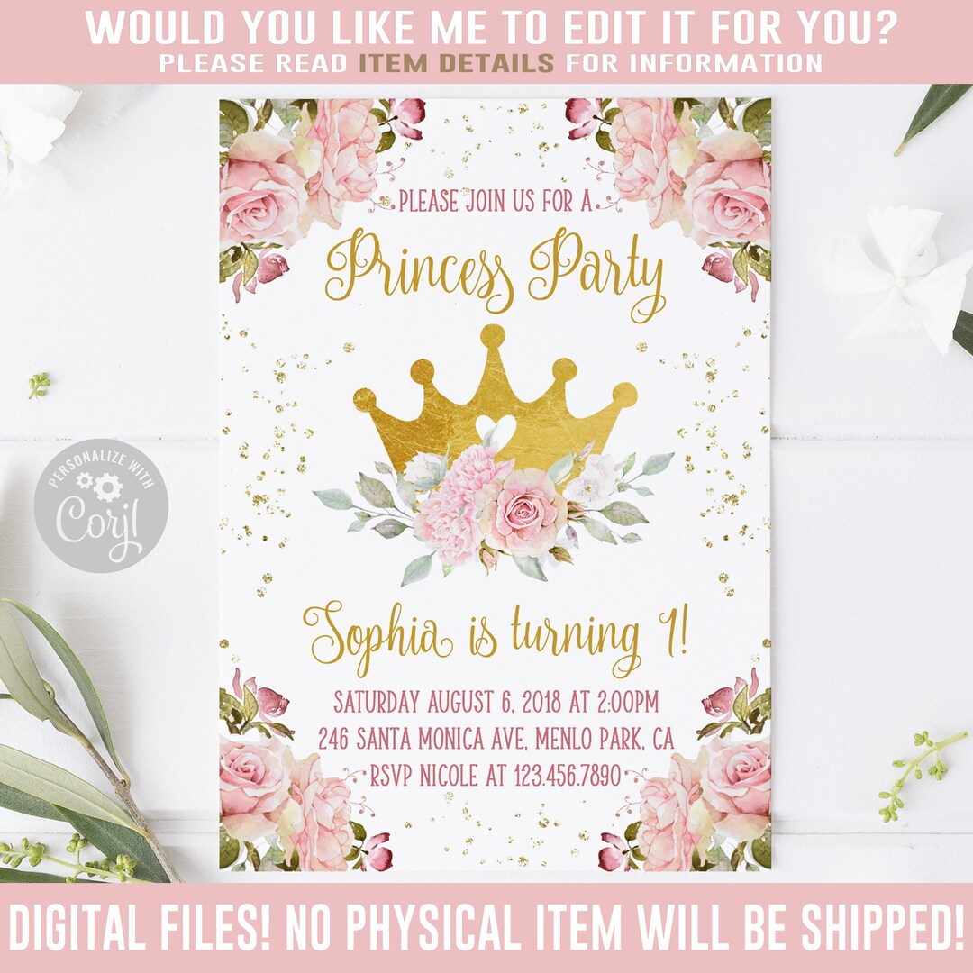 EDITABLE Princess Birthday Invitation, Corjl Template, Princess Theme ...