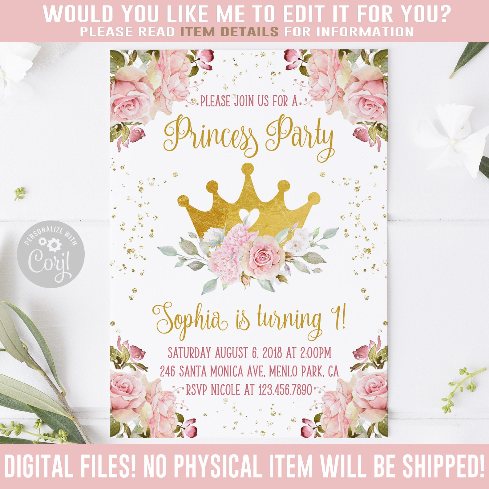 EDITABLE Princess Birthday Invitation, Corjl Template, Princess Theme ...
