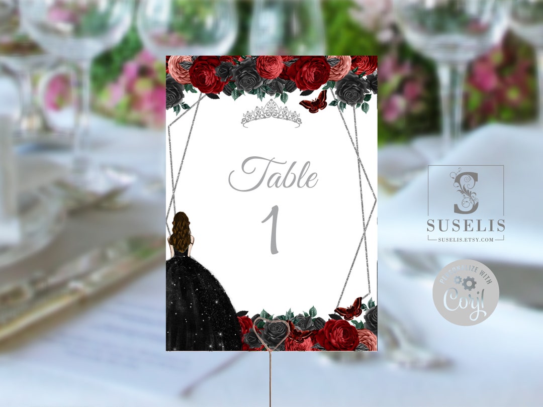 EDITABLE Table Numbers, Quinceanera, Black Red Flowers, Butterfly, Mis ...