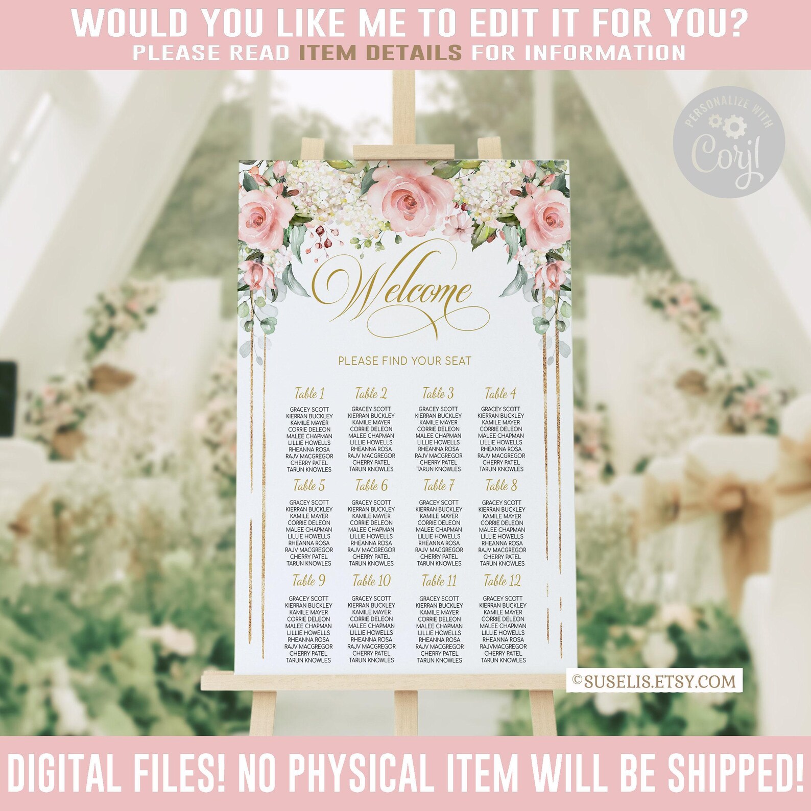 EDITABLE Seating Chart, Table Plan, Blush Pink Floral, Find Your Seat ...