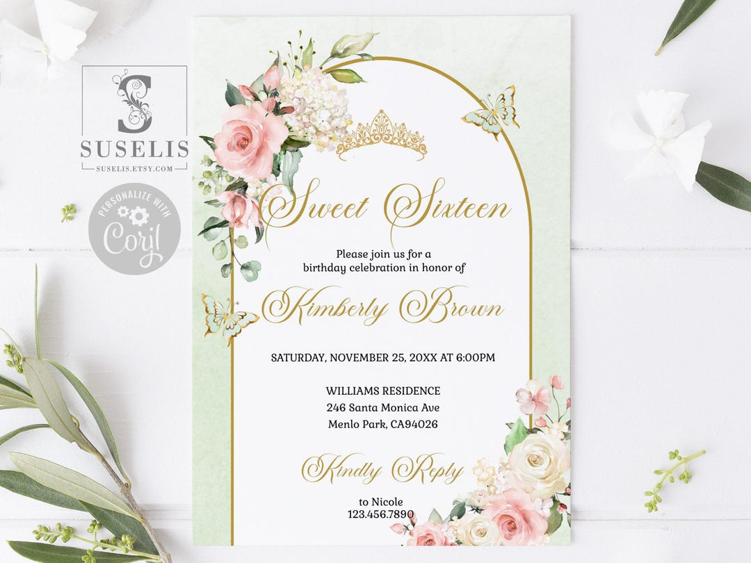 EDITABLE Template Sweet Sixteen Invitation, Blush Pink Flowers, Sage ...