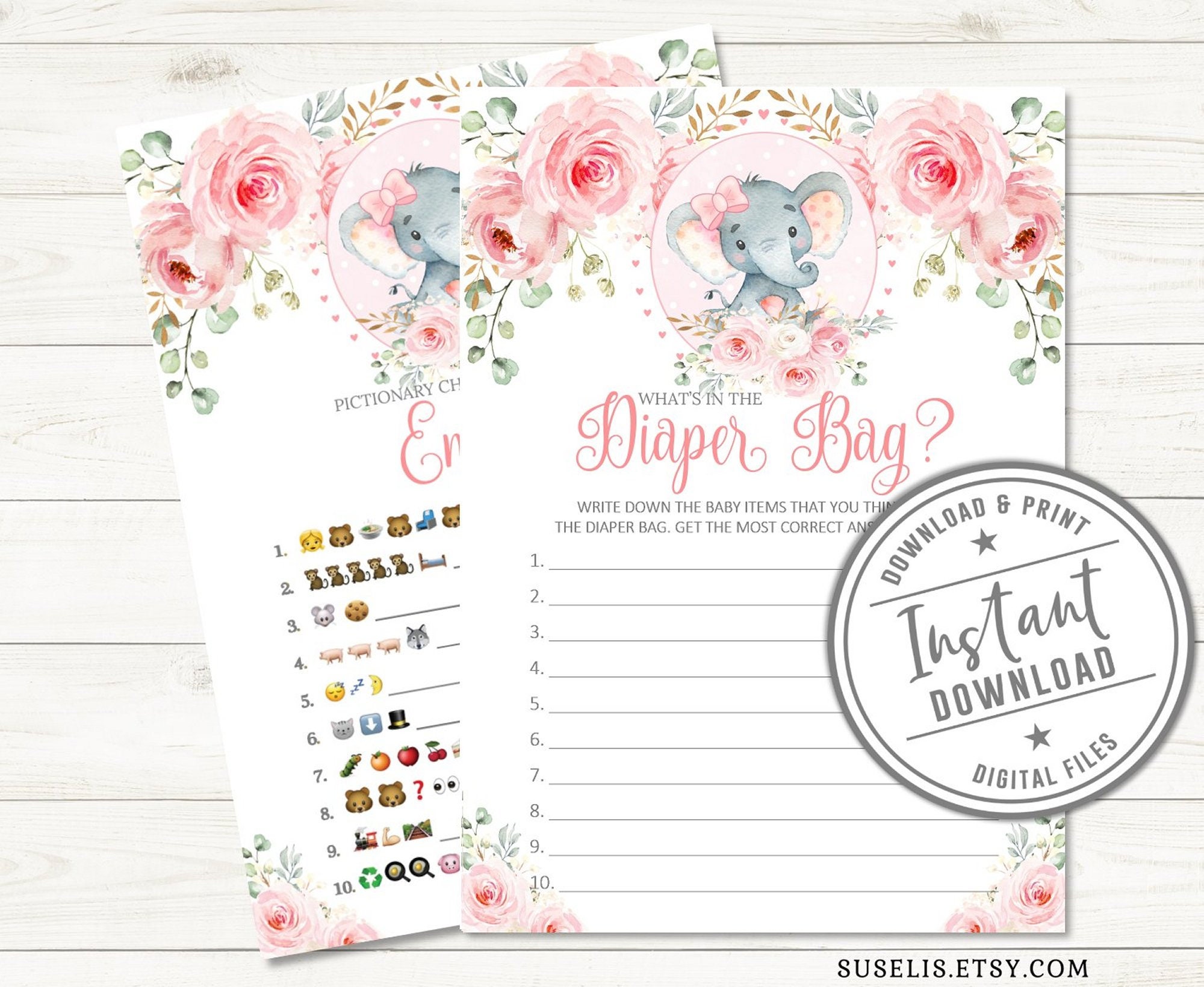 Baby Shower Games, Set of 8 Game Pack, Baby Girl Elephant, Game Bundle ...