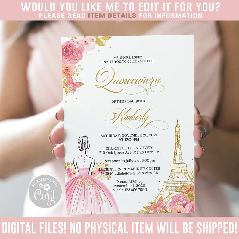 EDITABLE Paris Quinceanera Invitation Blush Pink Flowers - Etsy