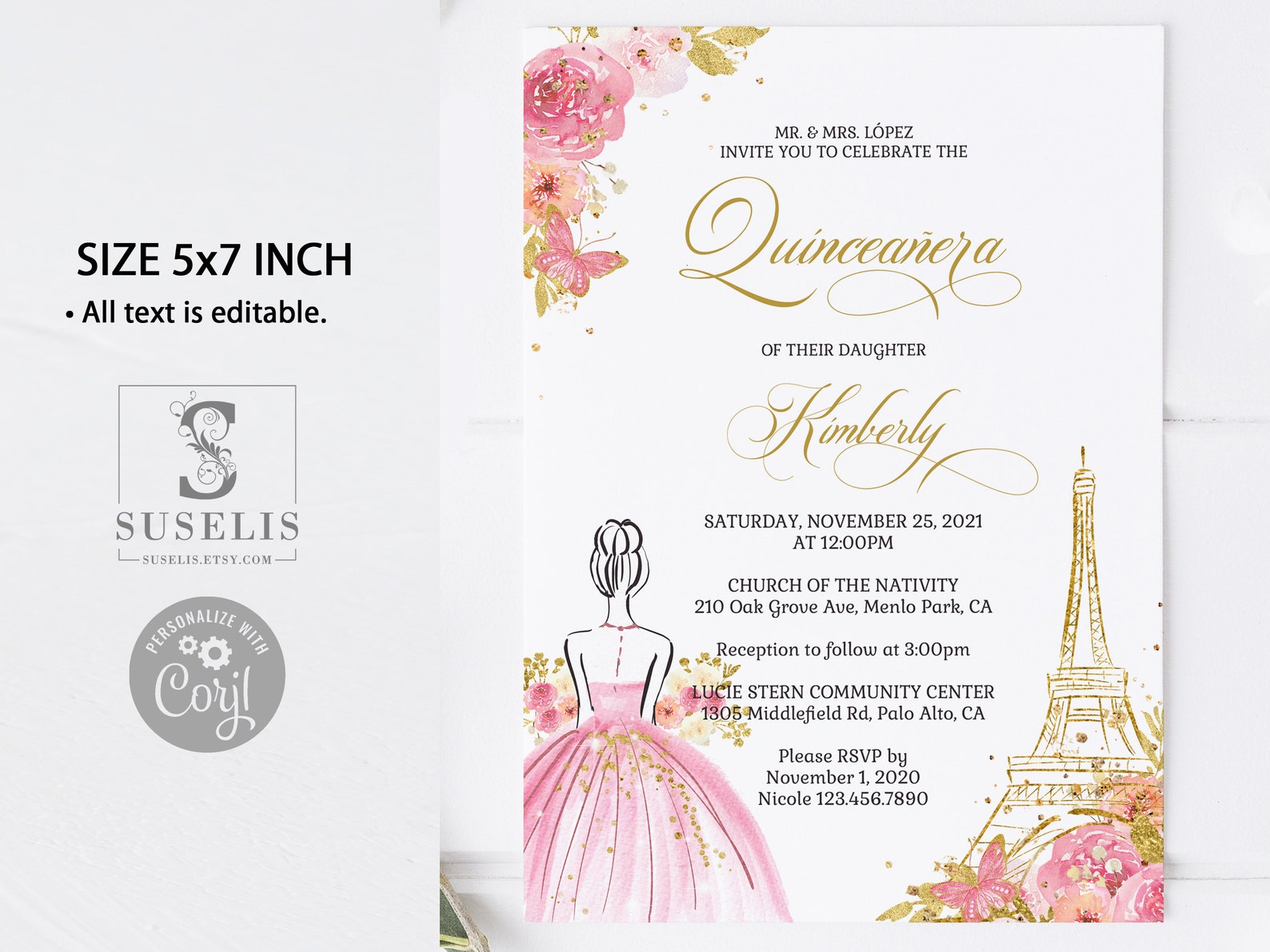 EDITABLE Paris Quinceanera Invitation Template, Blush Pink Flowers ...