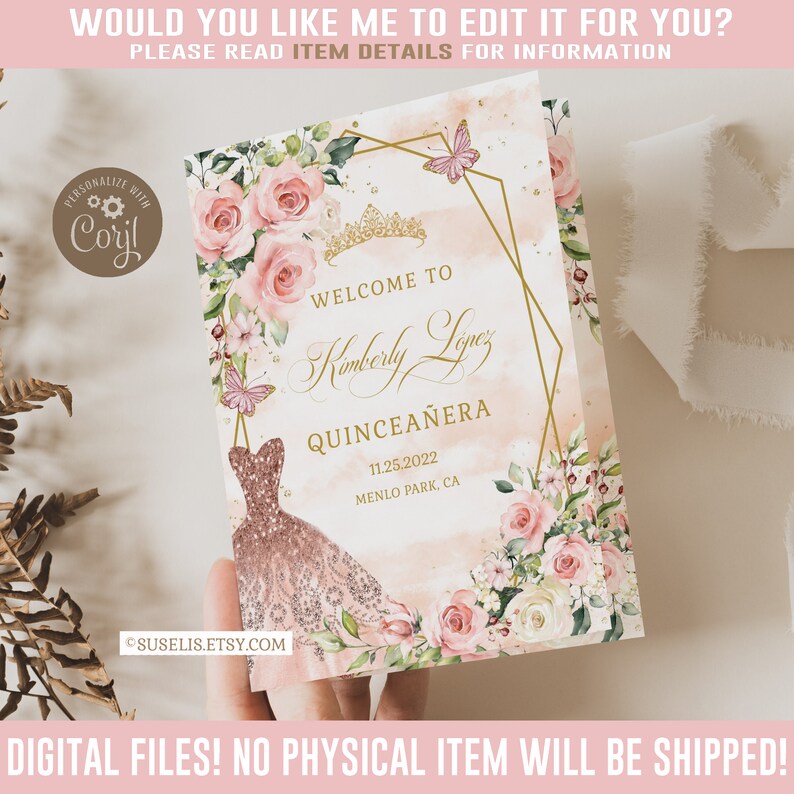 EDITABLE Bi-fold Quinceanera Program Template Blush Pink Gold - Etsy