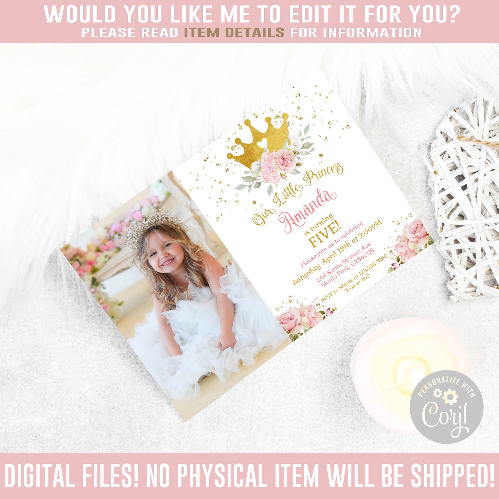 EDITABLE Birthday Princess Invitation & Back Corjl Template | Etsy