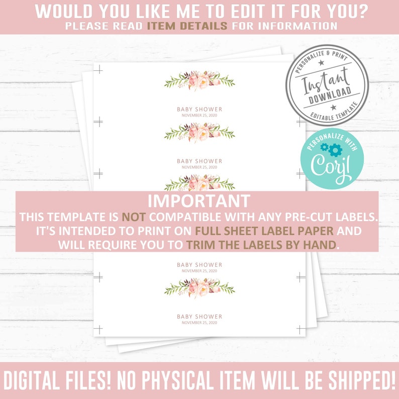 EDITABLE Rose Gold Water Bottle Labels, Baby Shower, Corjl Template ...
