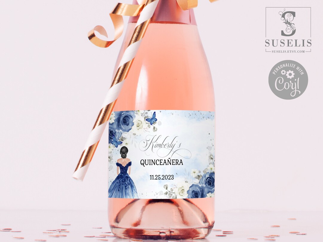 EDITABLE Quinceanera Mini Wine Champagne Bottle Labels, Template, Blue ...