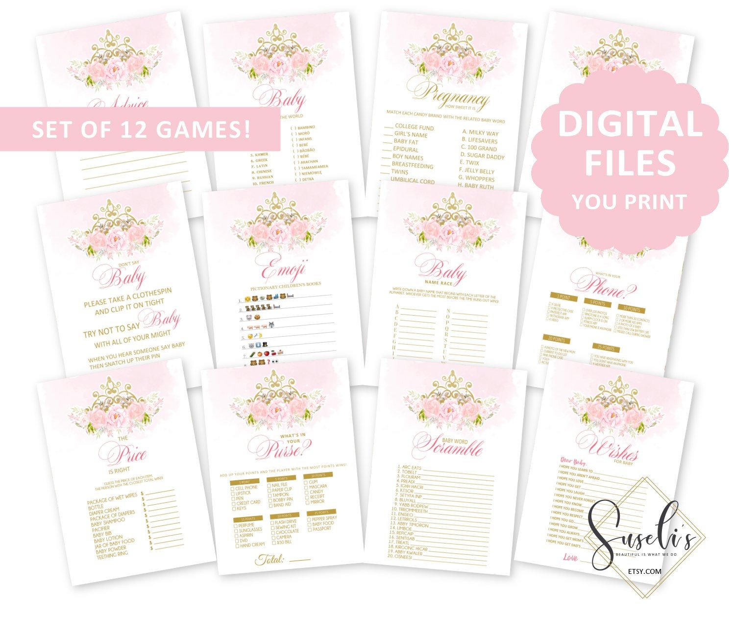 Printable Baby shower Game Bundle 12 Baby Princess Games | Etsy