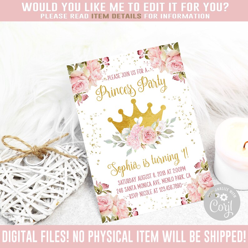 EDITABLE Princess Birthday Invitation Corjl Template | Etsy