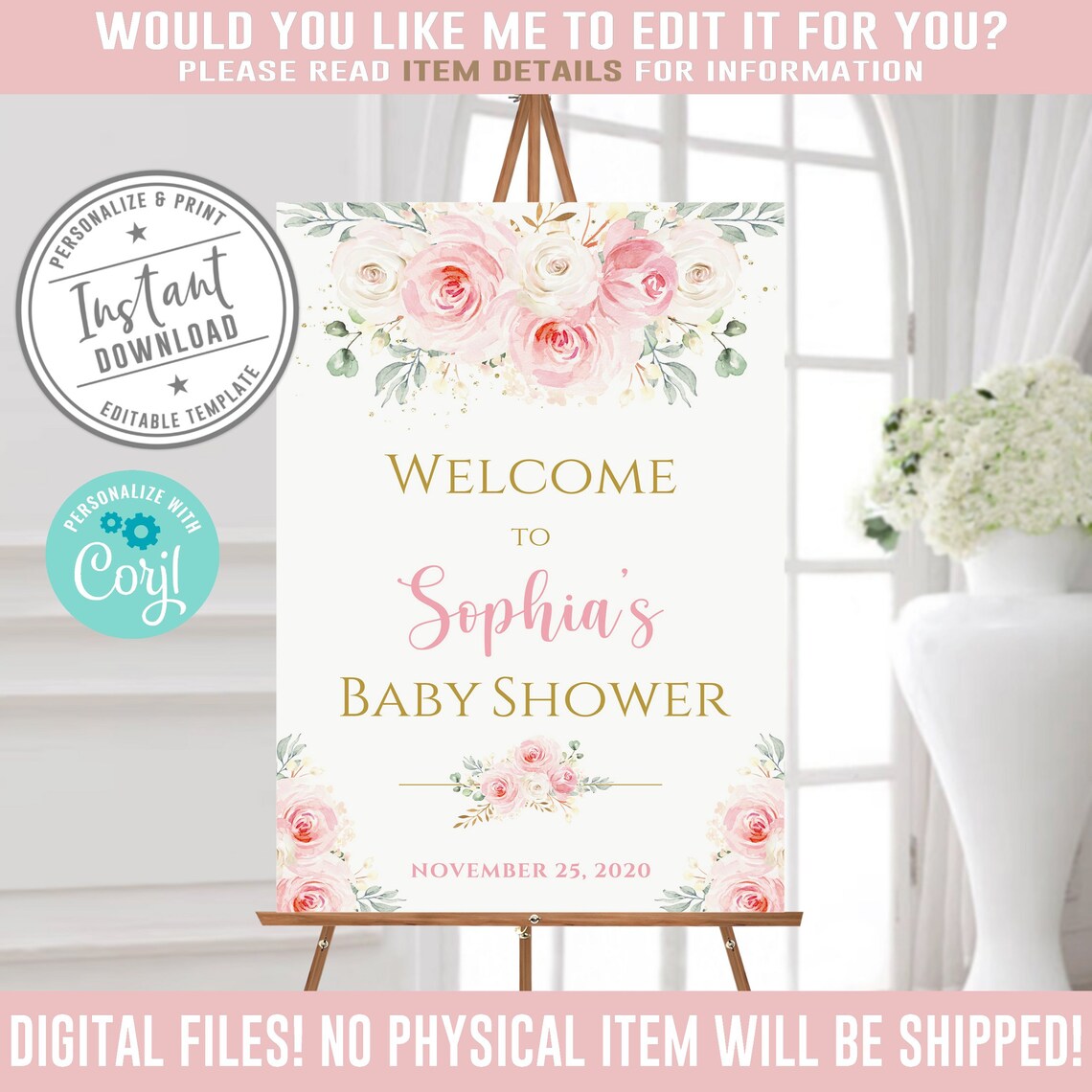 EDITABLE Baby Shower Welcome Sign Corjl Template Blush Pink - Etsy