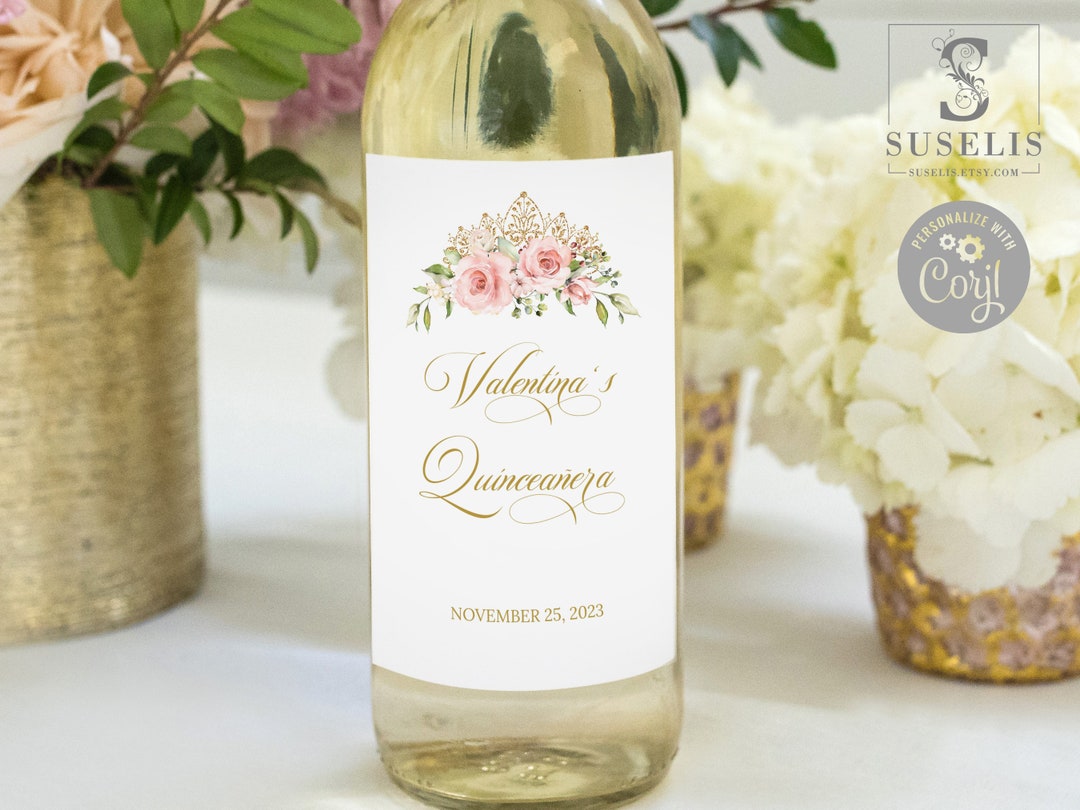 EDITABLE Wine Bottle Label Template, Blush Pink Flower, Quinceañera ...