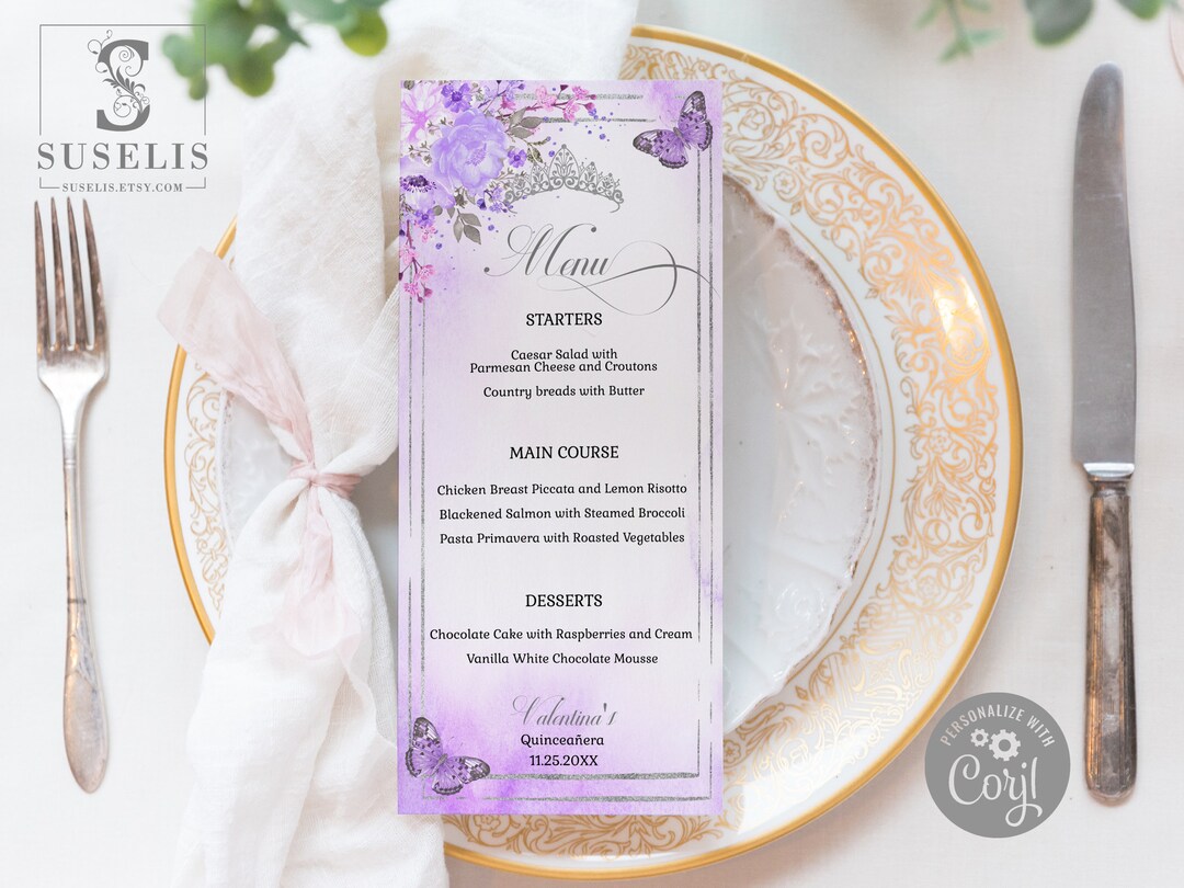 EDITABLE Template Menu, Quinceanera, Sweet 16, Purple Flowers ...