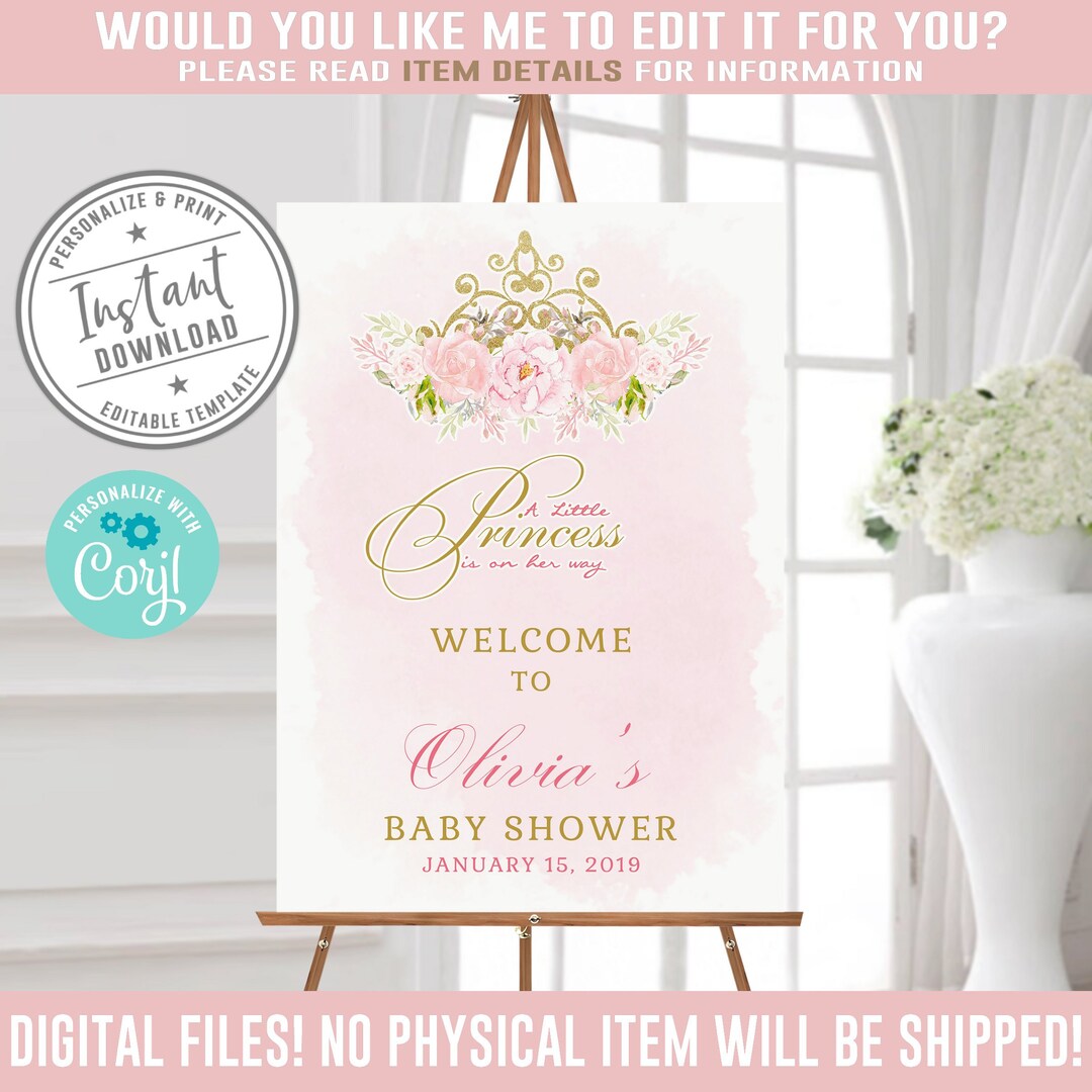EDITABLE Welcome to Baby Shower Sign, Corjl Template, Princess Theme ...