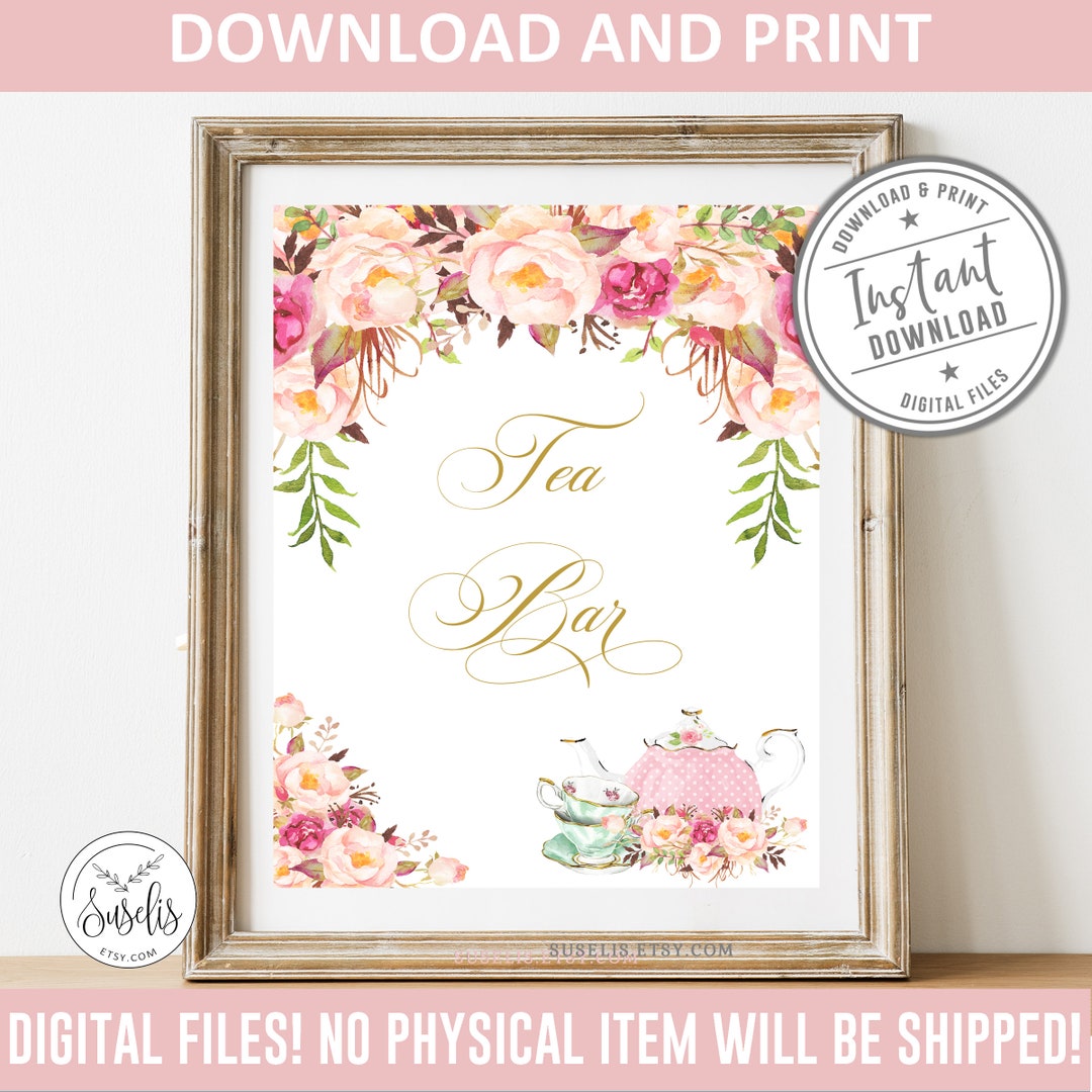 Printable Tea Bar Sign, Blush Pink Boho Floral, Tea Party Favor Sign ...