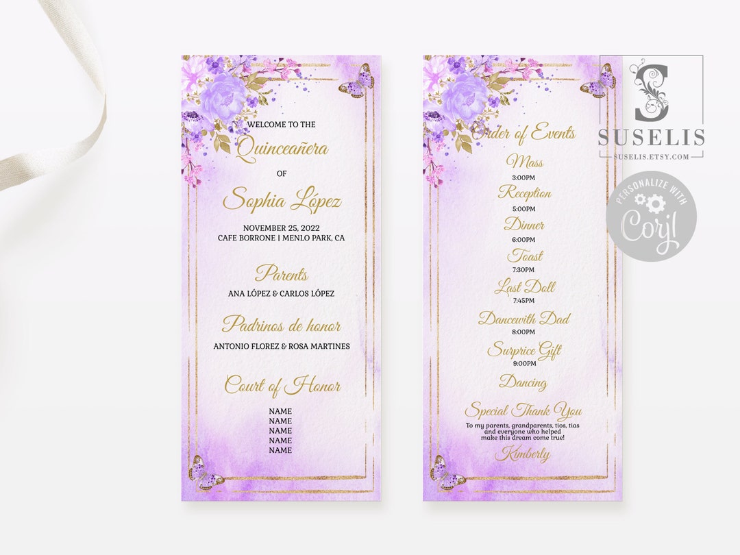 EDITABLE Program Quinceañera Template, Sweet 16, Purple Flowers ...
