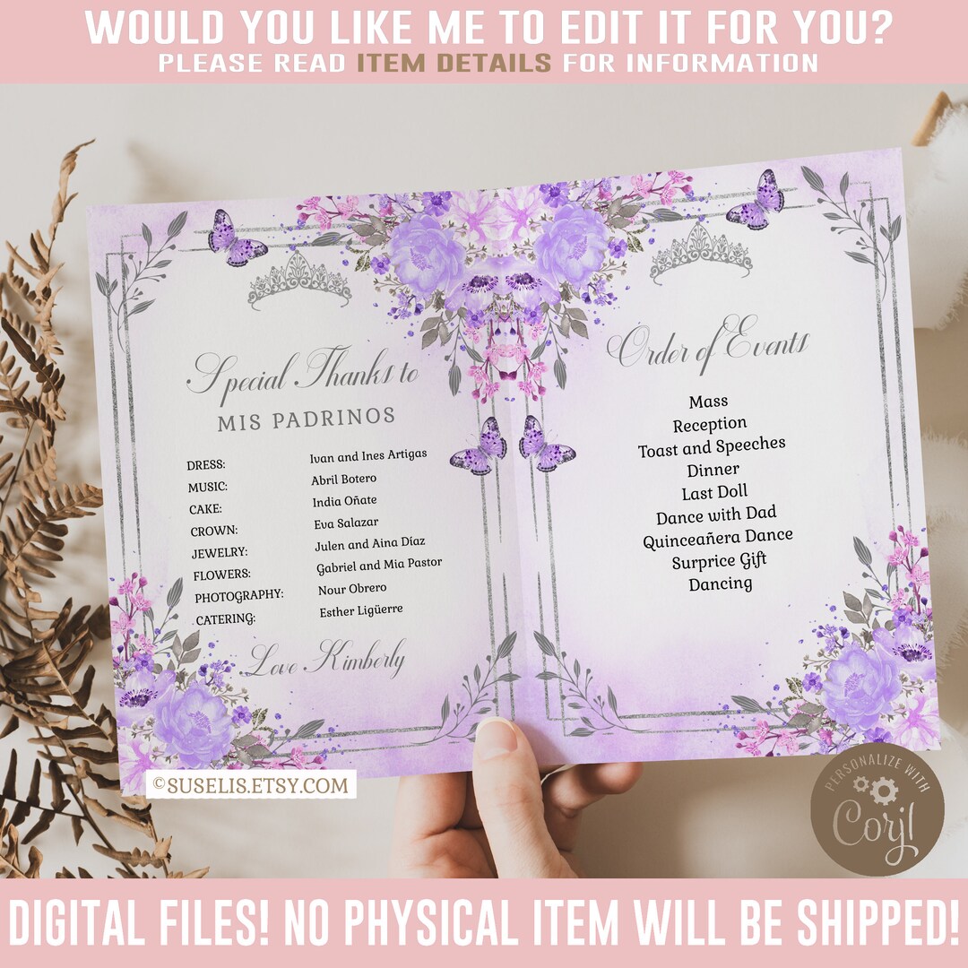 EDITABLE Bi-fold Quinceanera Program Purple Silver Floral - Etsy