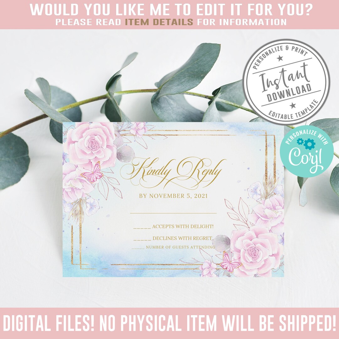 Editable RSVP Card, Kindly Reply, Pink Flowers, Butterfly, Mis Quince ...