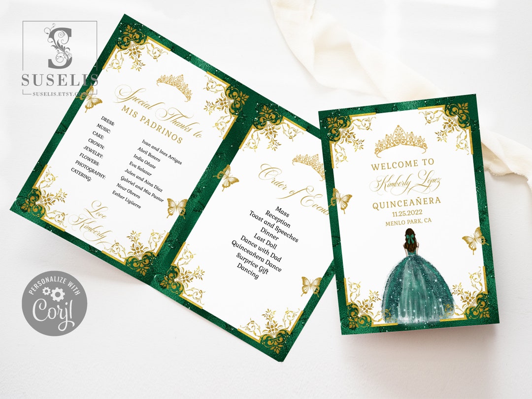 EDITABLE Bi-fold Quinceanera Program Template, Emerald Green Flowers ...