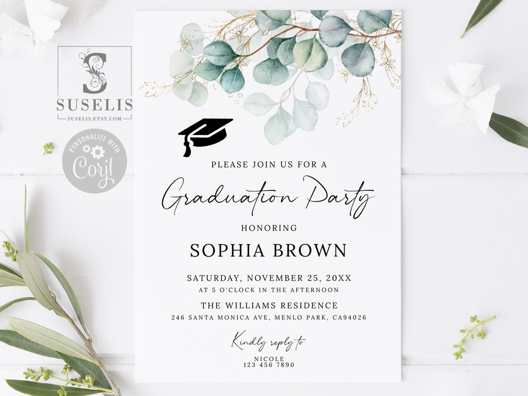 EDITABLE Template Greenery Graduation Party Invitation, Eucalyptus ...
