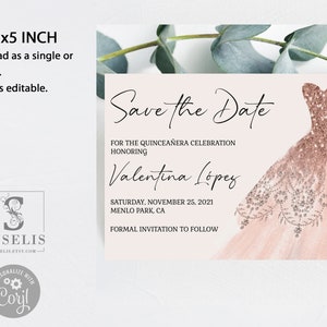 Editable Quinceañera Save the Date Template, Blush Pink Gold, Dress ...