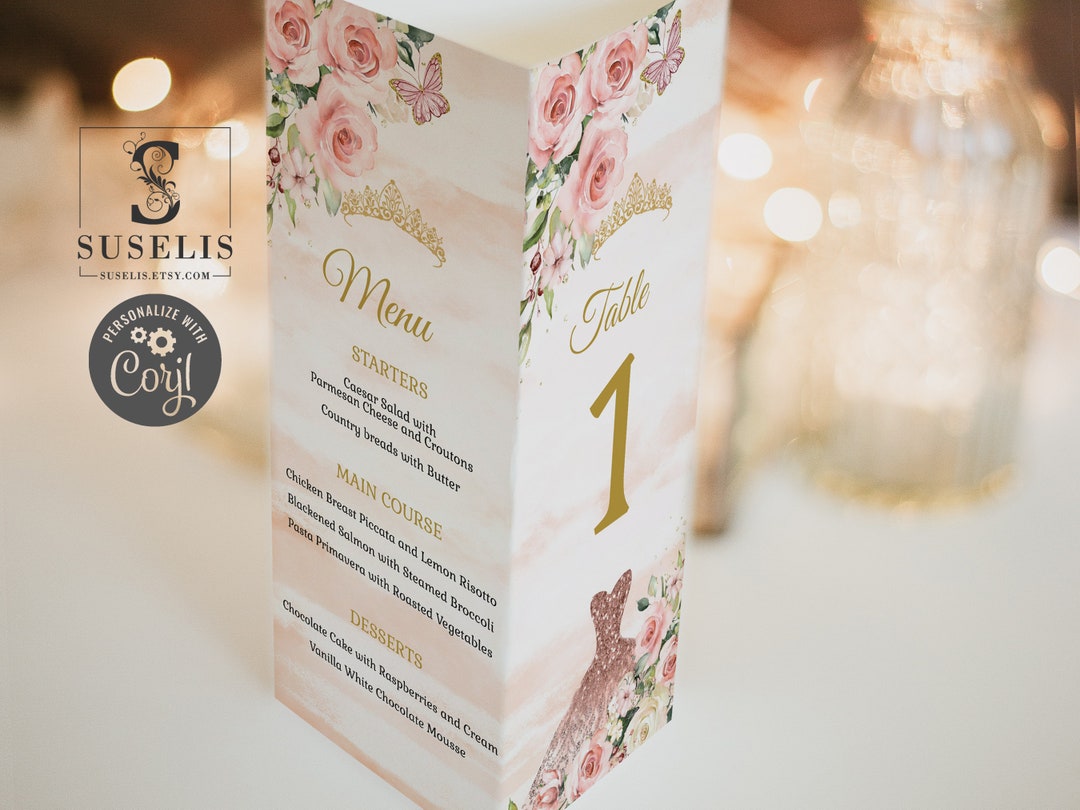 EDITABLE Tri-fold Table Stand, Blush Pink Gold Floral, Trifold Table ...