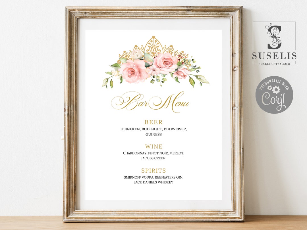 EDITABLE Bar Menu Sign Template Drinks Blush Pink Flowers - Etsy