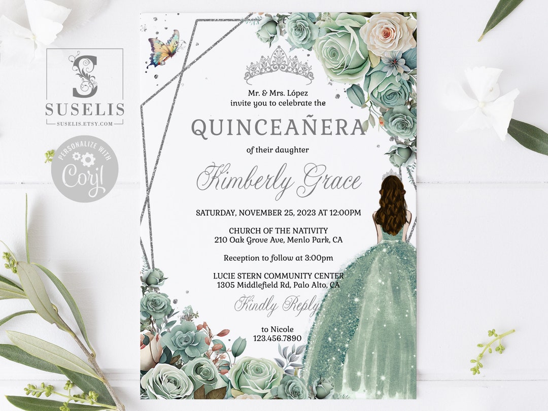 EDITABLE Sage Green Invitation Template, Cream Flowers, Quinceanera ...