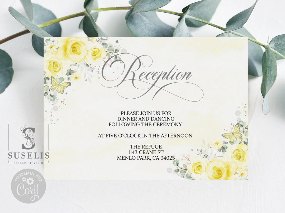 Editable Reception Card, Yellow Roses, Inserts Card, Enclosure, Sweet ...