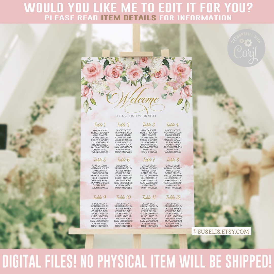 EDITABLE Seating Chart, Seating Plan, Table Plan, Watercolor Blush Pink ...