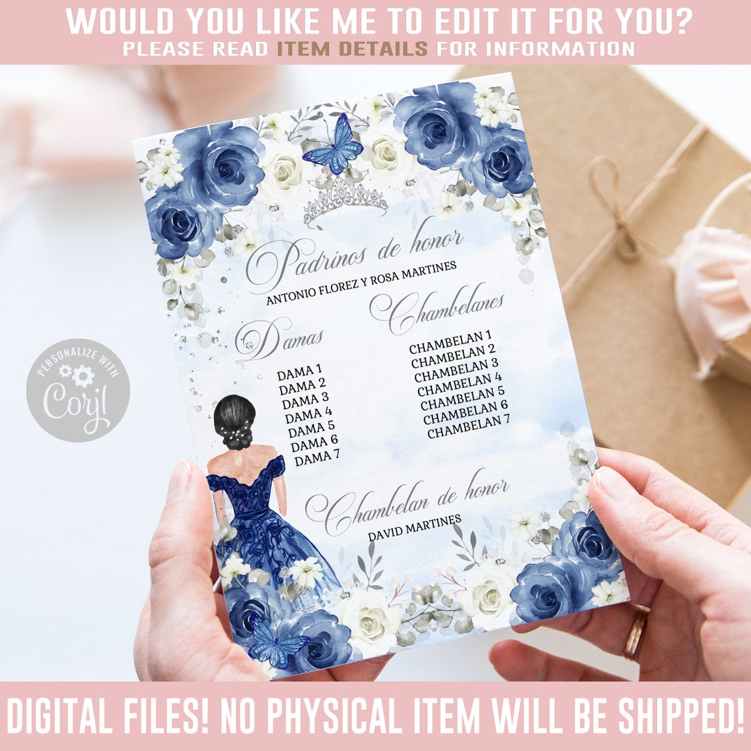 EDITABLE Lista De Padrinos, List of Godparents, Silver Blue Floral ...