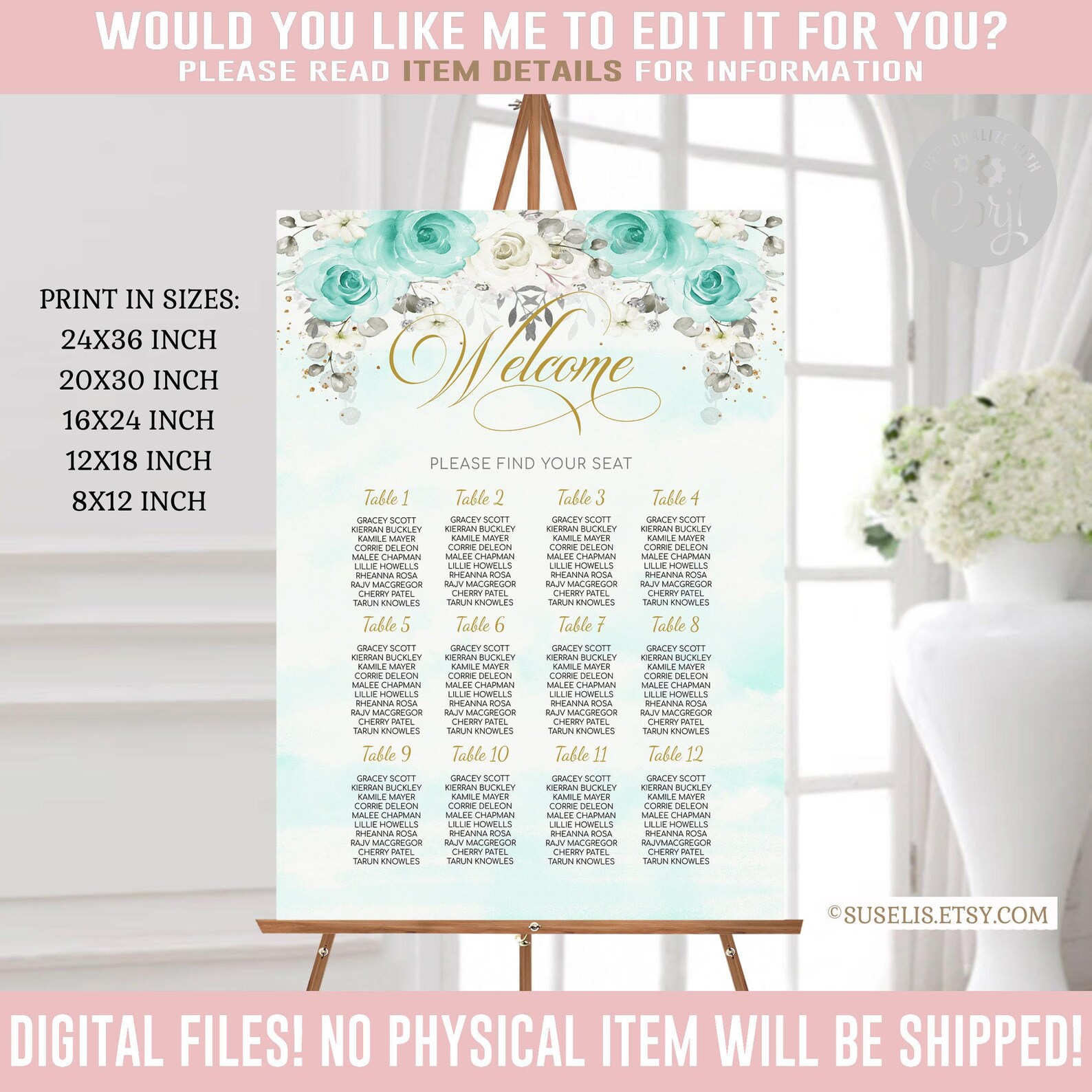 EDITABLE Seating Chart, Table Plan, Watercolor Robin’s Egg Blue Theme ...