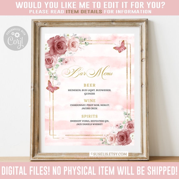 EDITABLE Quinceanera Bar Menu Sign Drinks Corjl Template - Etsy