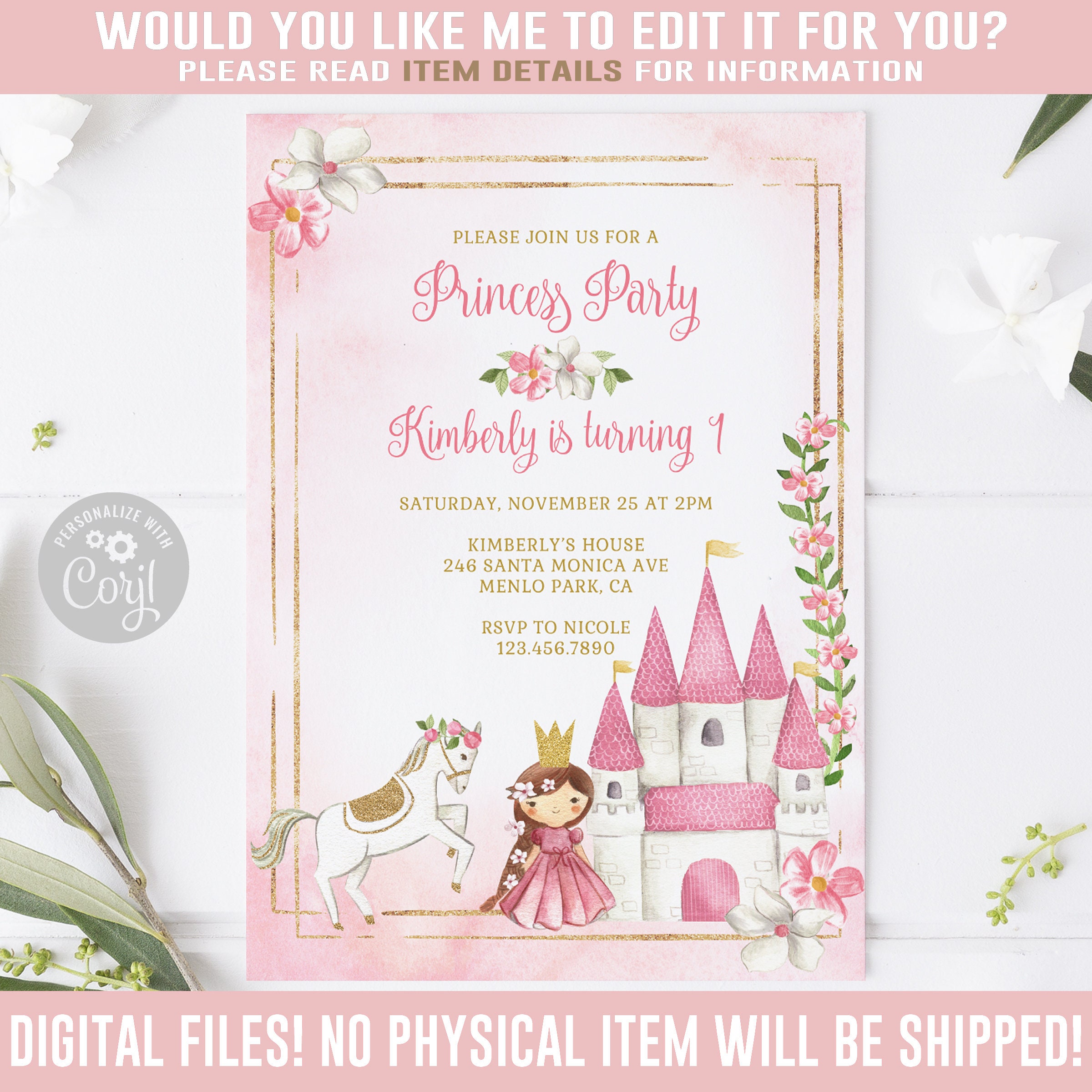 EDITABLE Princess Birthday Invitation, Corjl Template, Gold Princess ...