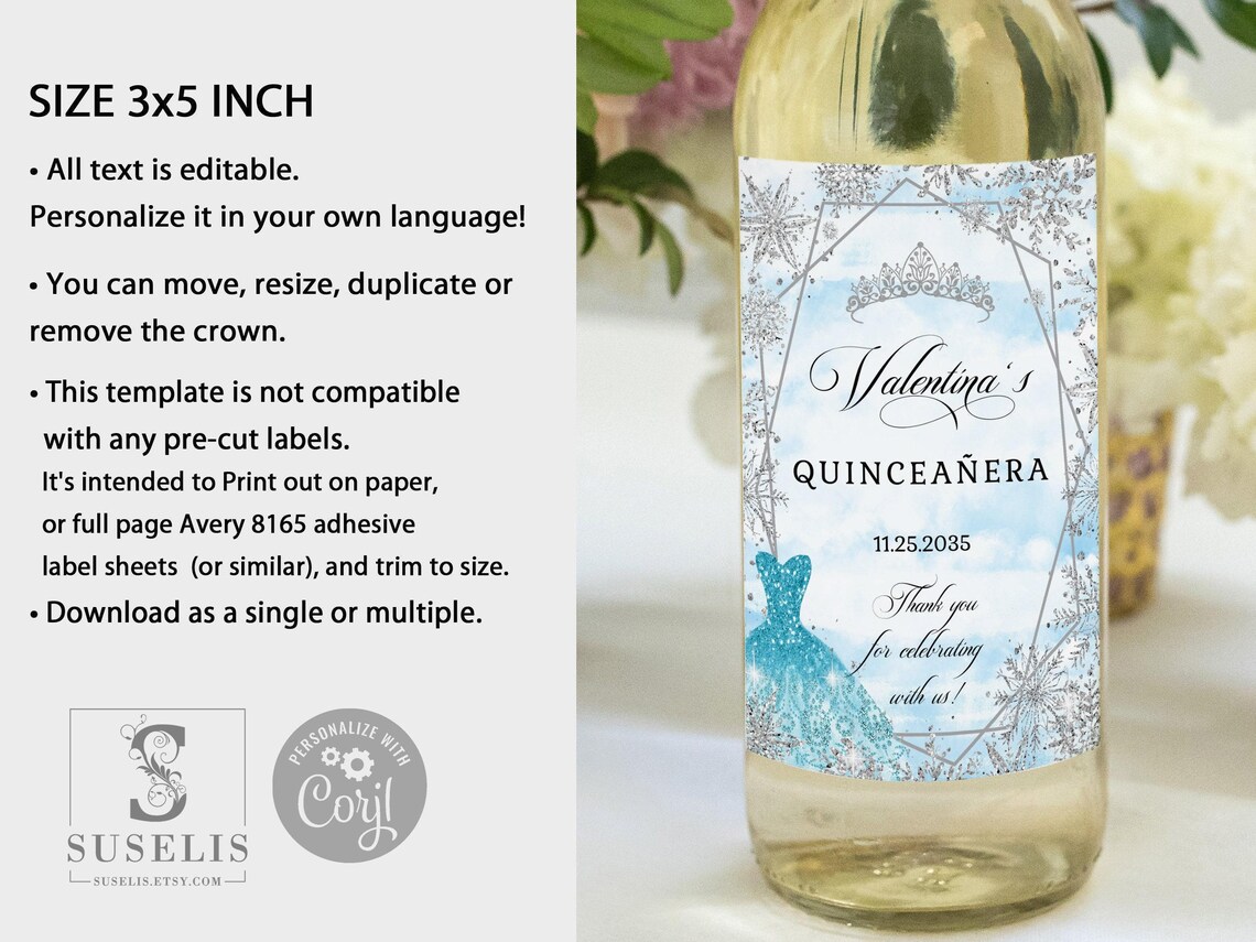 EDITABLE TEMPLATE Wine Bottle Labels, Winter Wonderland, Baby Blue ...