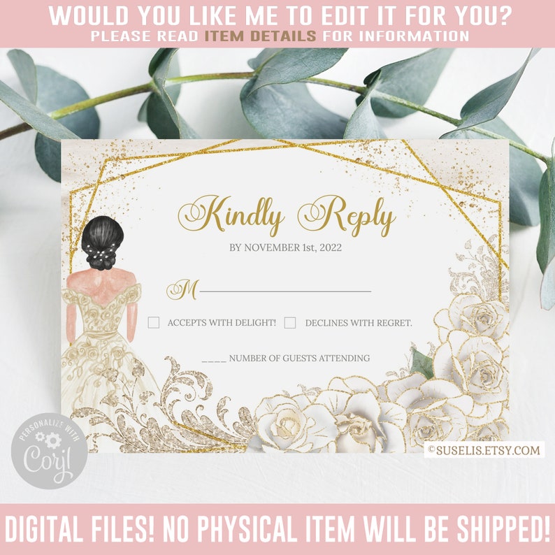 Editable RSVP Card Kindly Reply White Gold Flowers Roses - Etsy