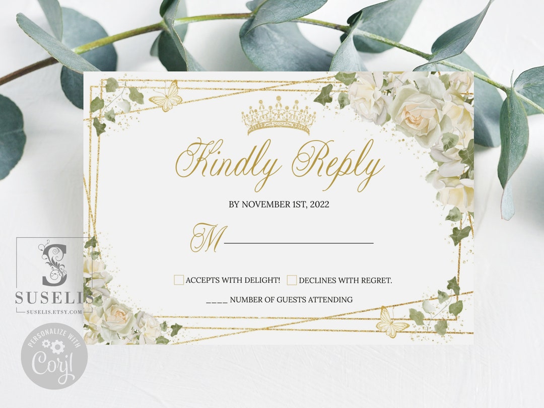 Editable RSVP Card, Kindly Reply, White Flowers, Ivy, Mis Quince 15th ...