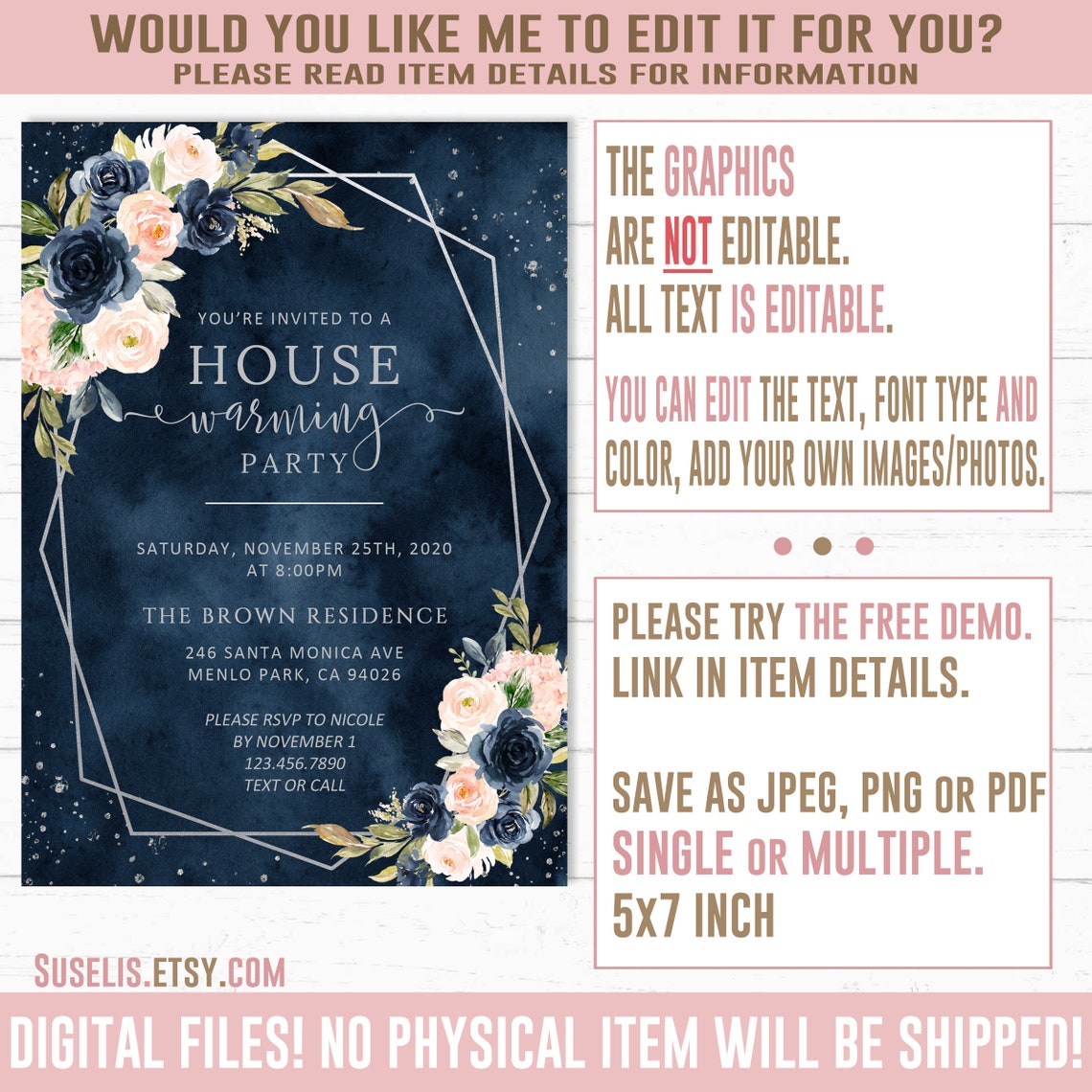 EDITABLE Navy Blue Blush Pink House Warming Party Invitation | Etsy